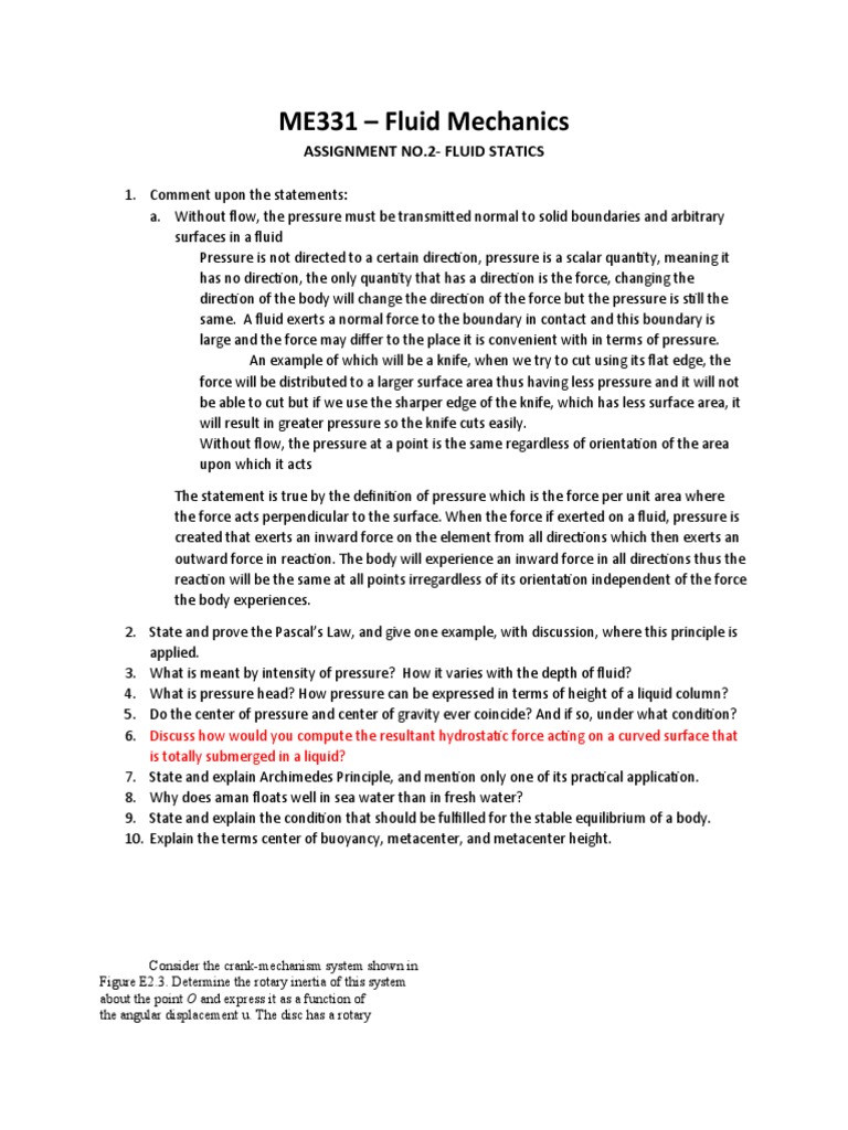 ME331 - Fluid Mechanics: Assignment No.2-Fluid Statics | PDF | Buoyancy | Pressure