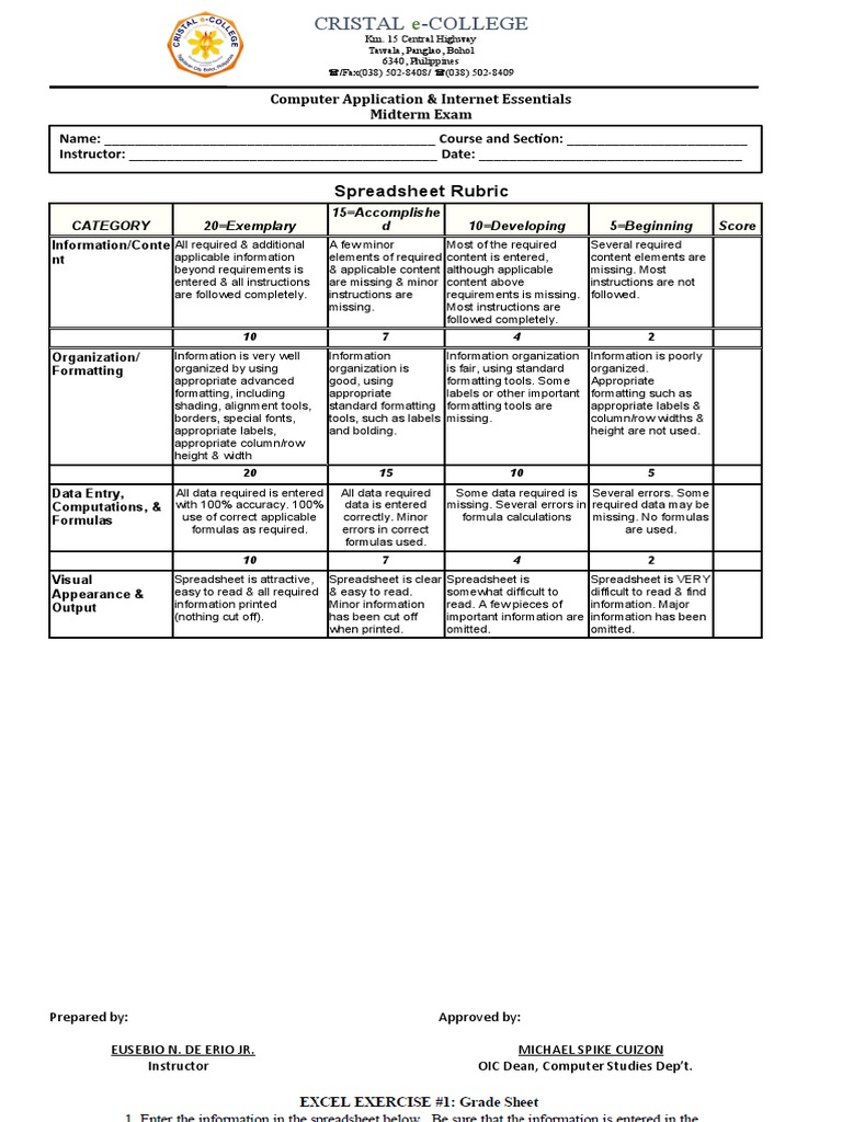 Spreadsheet Rubric: Computer Application & Internet Essentials Midterm ...