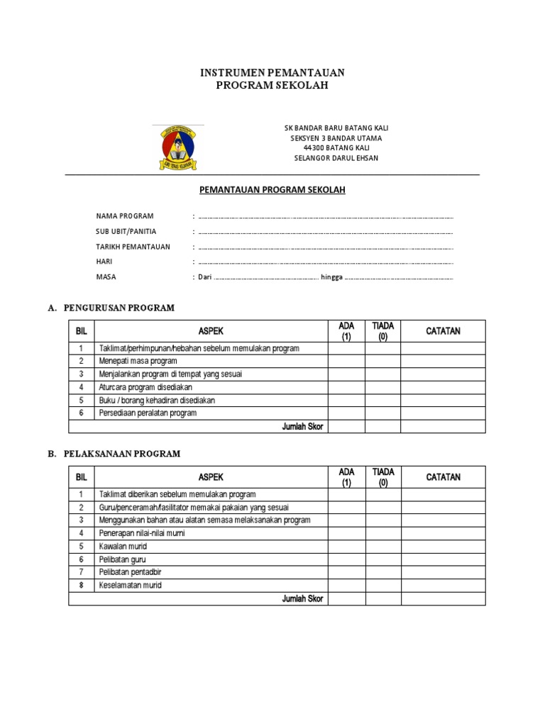 Instrumen Pemantauan Program Sekolah | PDF