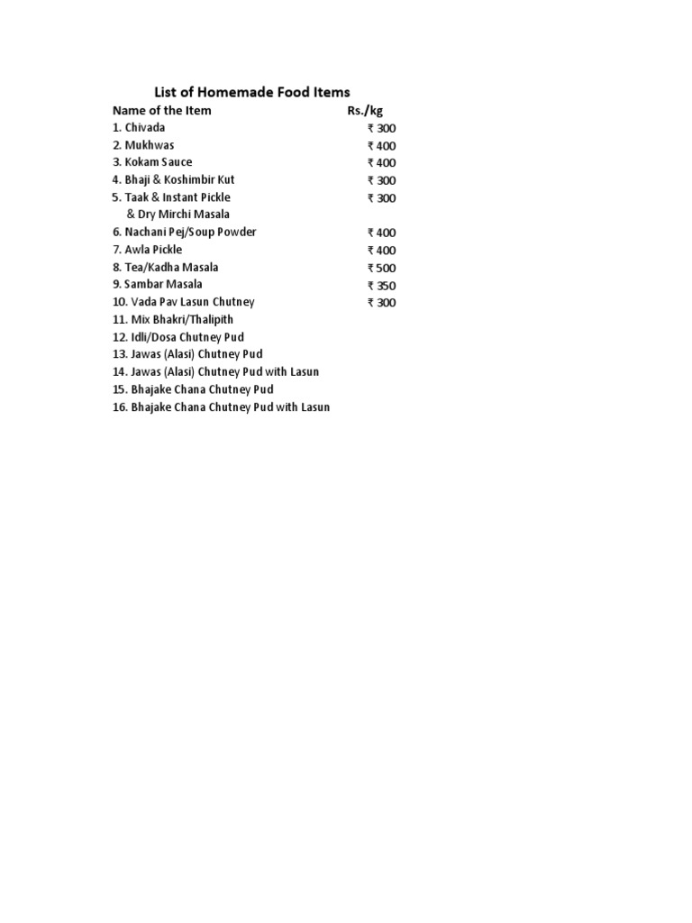 Homemade Food Items Price List | PDF | Cooking, Food & Wine
