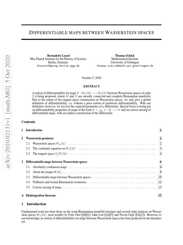 Ifferentiable Maps Between Asserstein Spaces | PDF | Differentiable Manifold | Differential Geometry