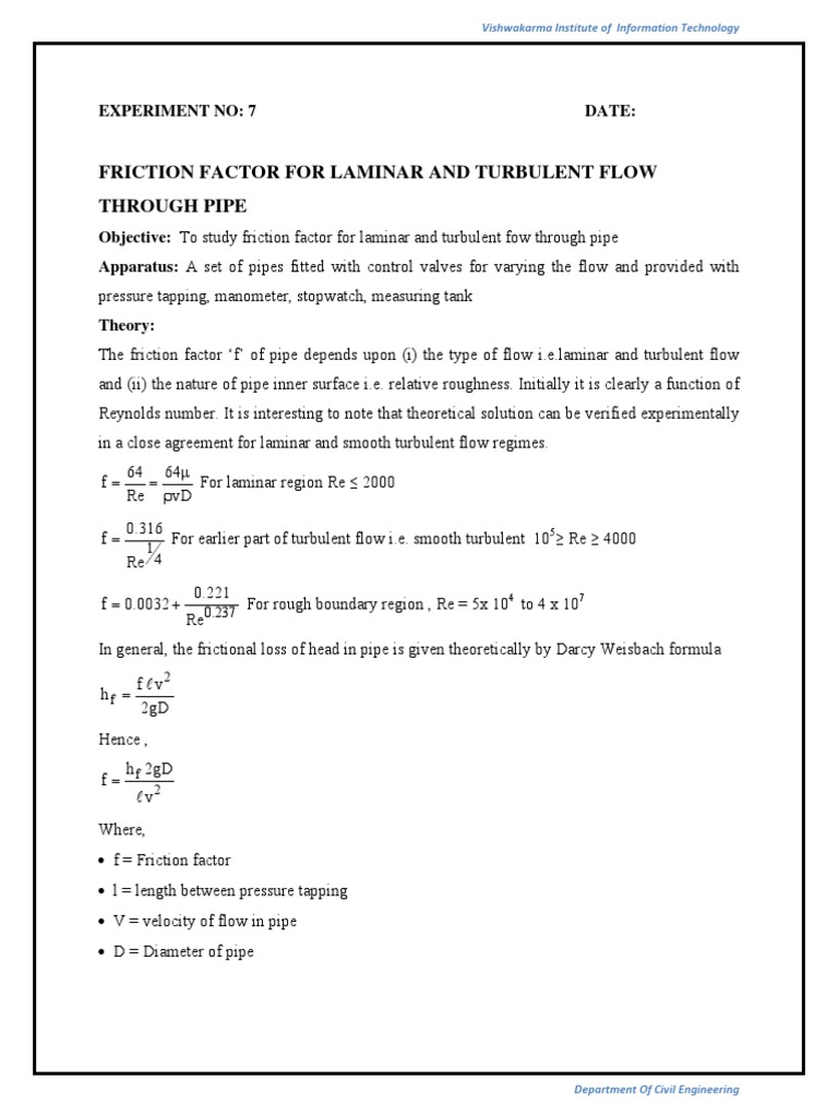 Friction Factor For Laminar and Turbulent Flow Through Pipe | PDF ...