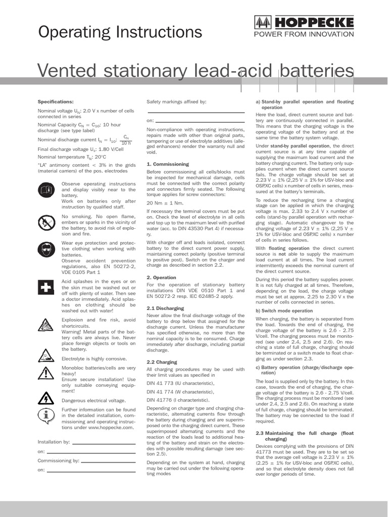 Vented Stationary Lead-Acid Batteries: Operating Instructions | PDF ...