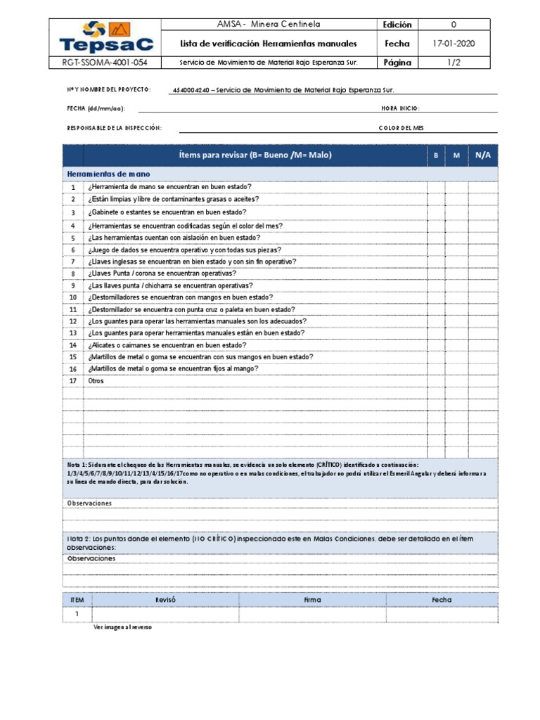Check List Herramientas Manuales | PDF