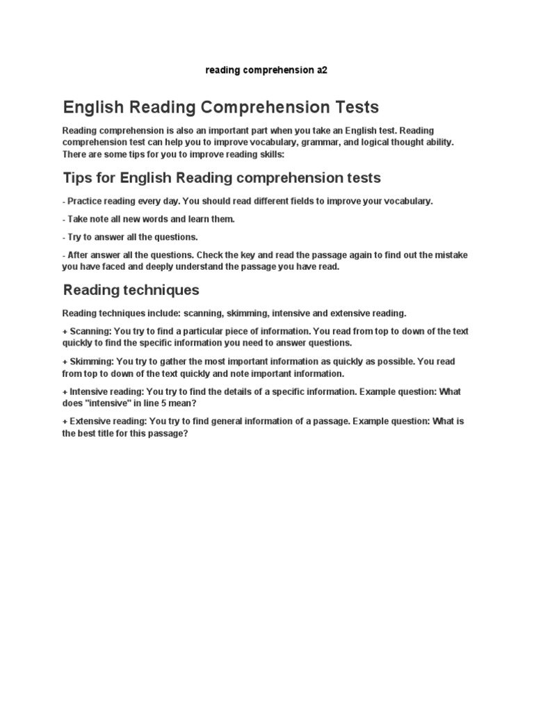 Reading Comprehension A2 | PDF | Career & Growth