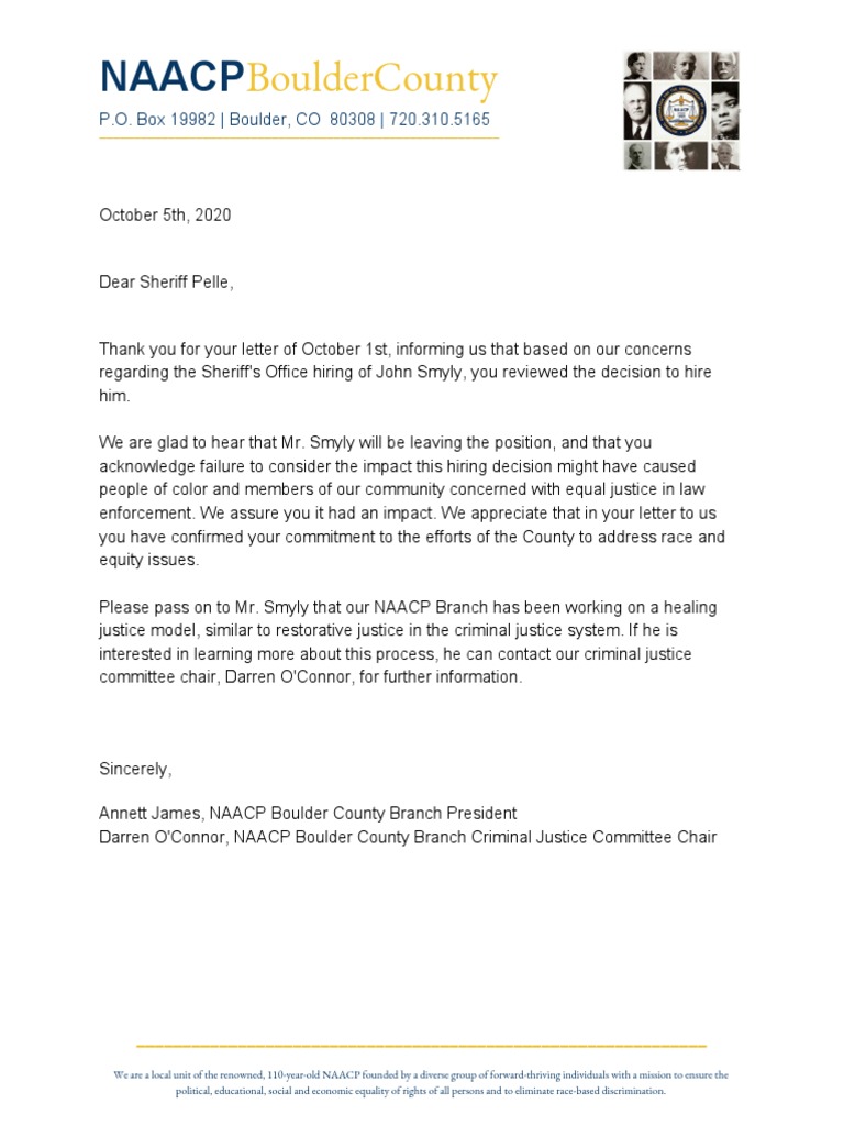 John Smyly: Boulder NAACP Letter To Boulder County Sheriff Joe Pelle | PDF