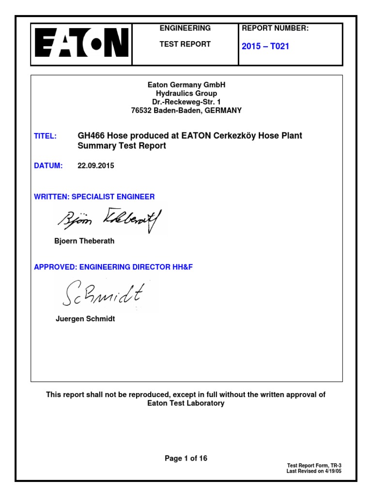 2015-T021 - GH466 Hose Summary Test Report | PDF | Pressure | Temperature