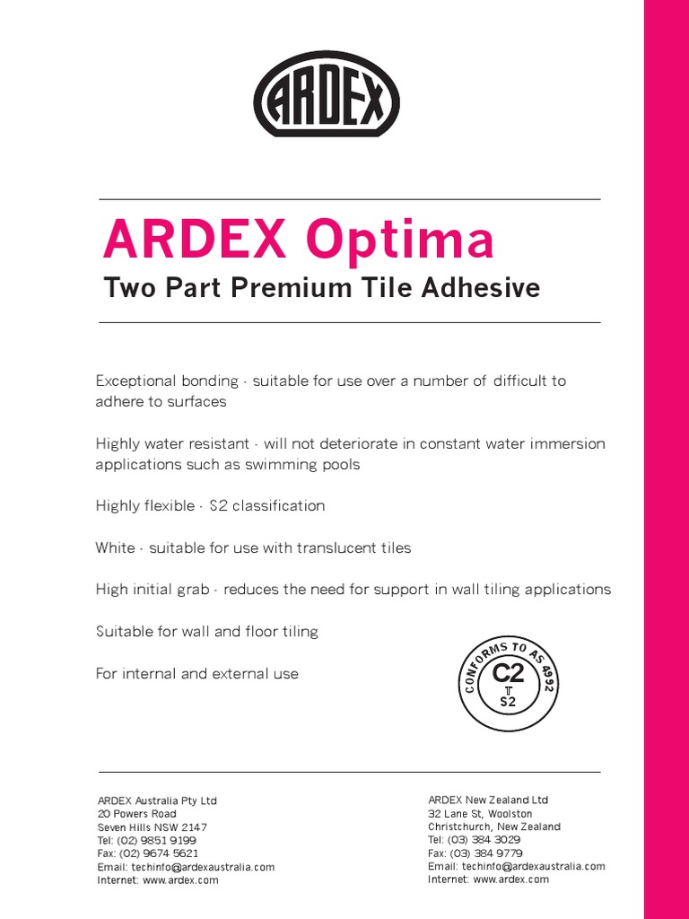 ARDEX Optima: Two Part Premium Tile Adhesive | PDF | Tile | Concrete