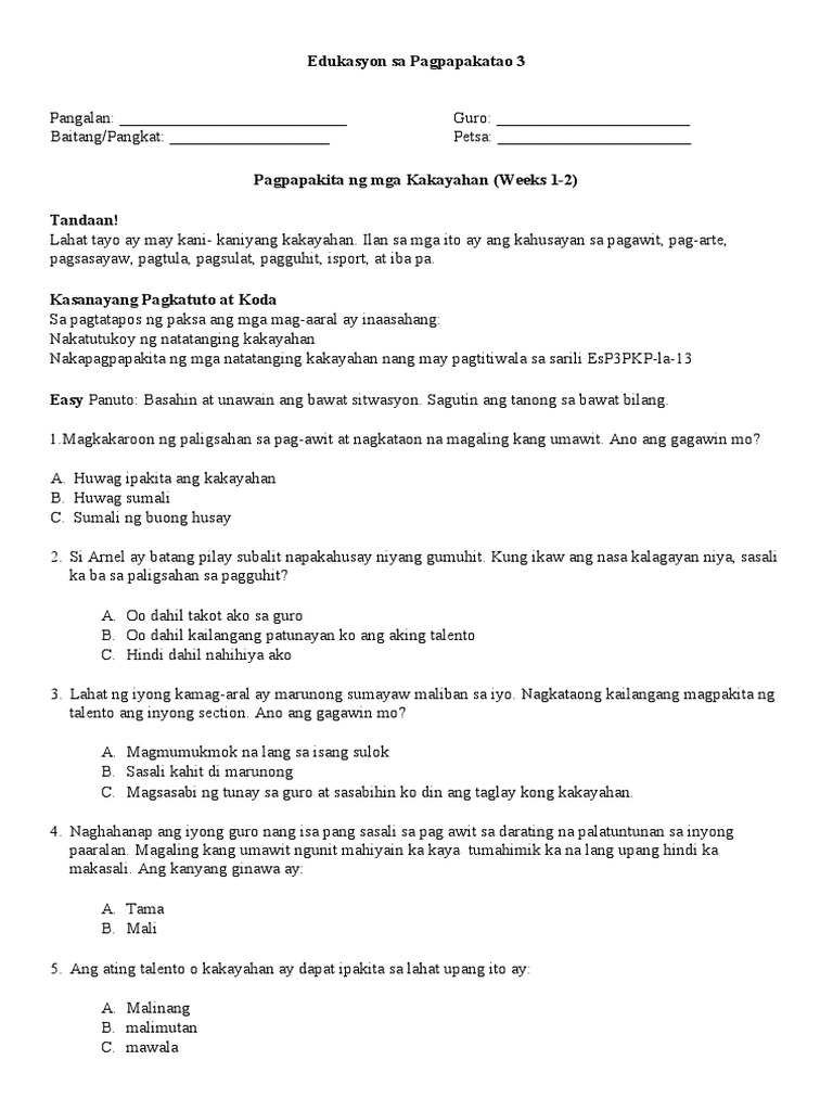 First Quarter Activity Sheet in Esp Week 1 8 | PDF