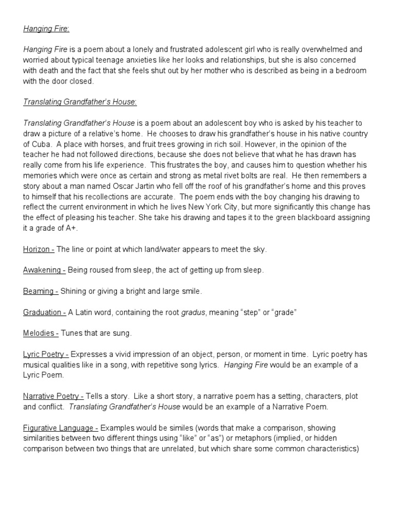 Hanging Fire2ftranslating Grandfathers House Study Guide | PDF | Poetry ...