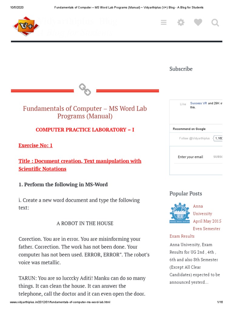 Fundamentals of Computer - MS Word Lab Programs (Manual) - Vidyarthiplus (V+) Blog - A Blog For ...