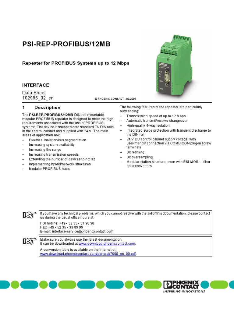 Psi-Rep-Profibus/12Mb: Repeater For PROFIBUS Systems Up To 12 Mbps ...