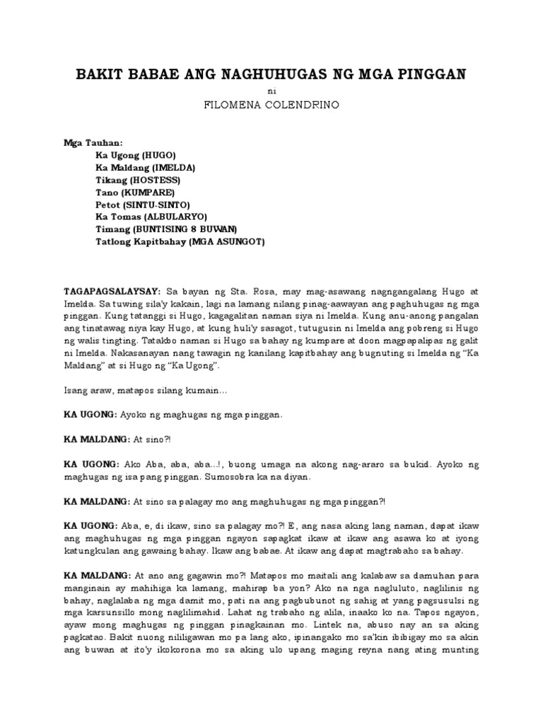 BAKIT BABAE ANG NAGHUHUGAS NG MGA PINGGAN Ni Filomena Colendrino | PDF