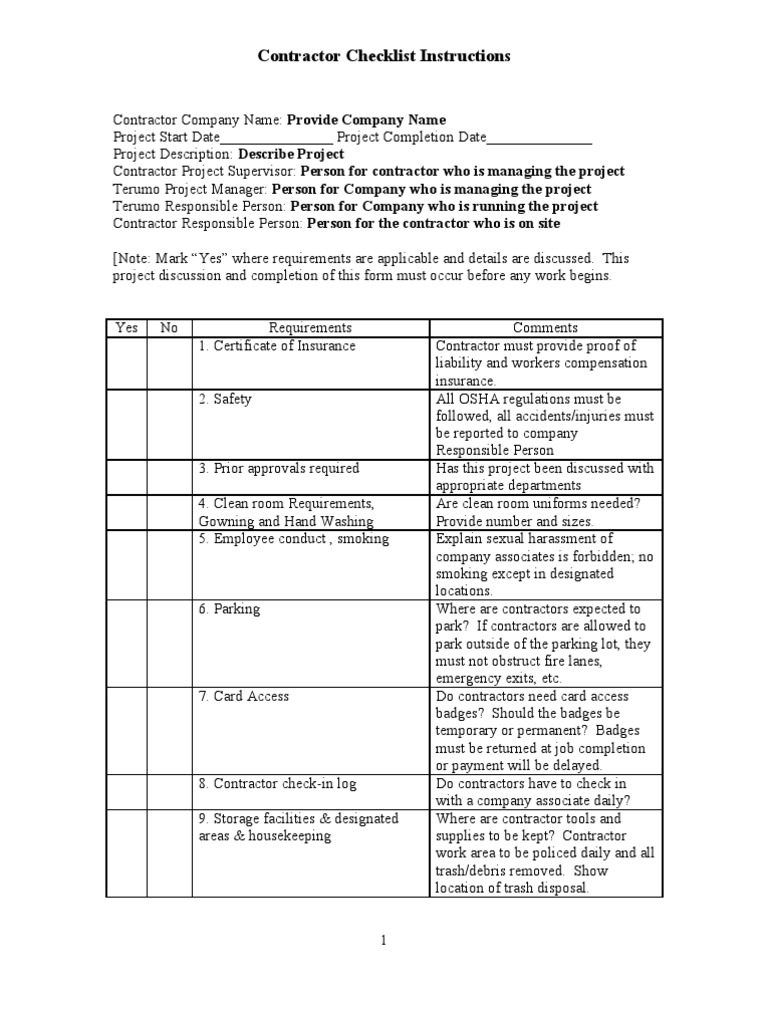 Contractor Checklist Instructions General | PDF | Personal Protective ...