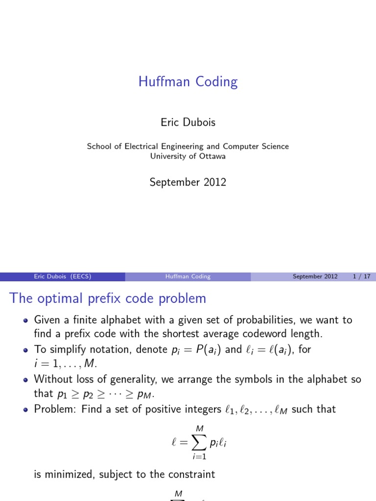 Huffman Coding: Eric Dubois | PDF | Theoretical Computer Science | Discrete Mathematics