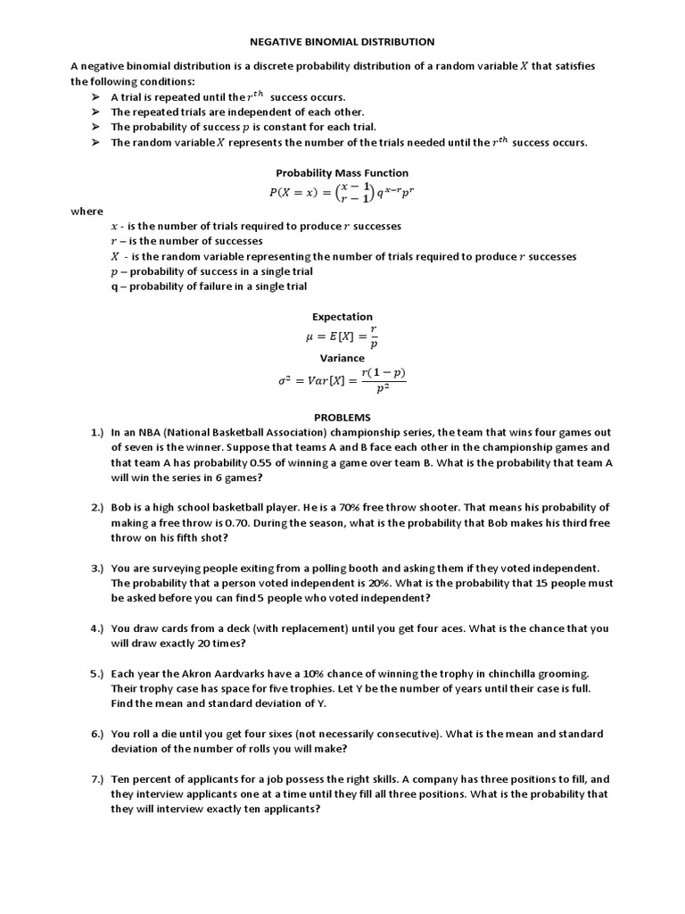 Negative Binomial Distribution & Problems | PDF | Probability ...