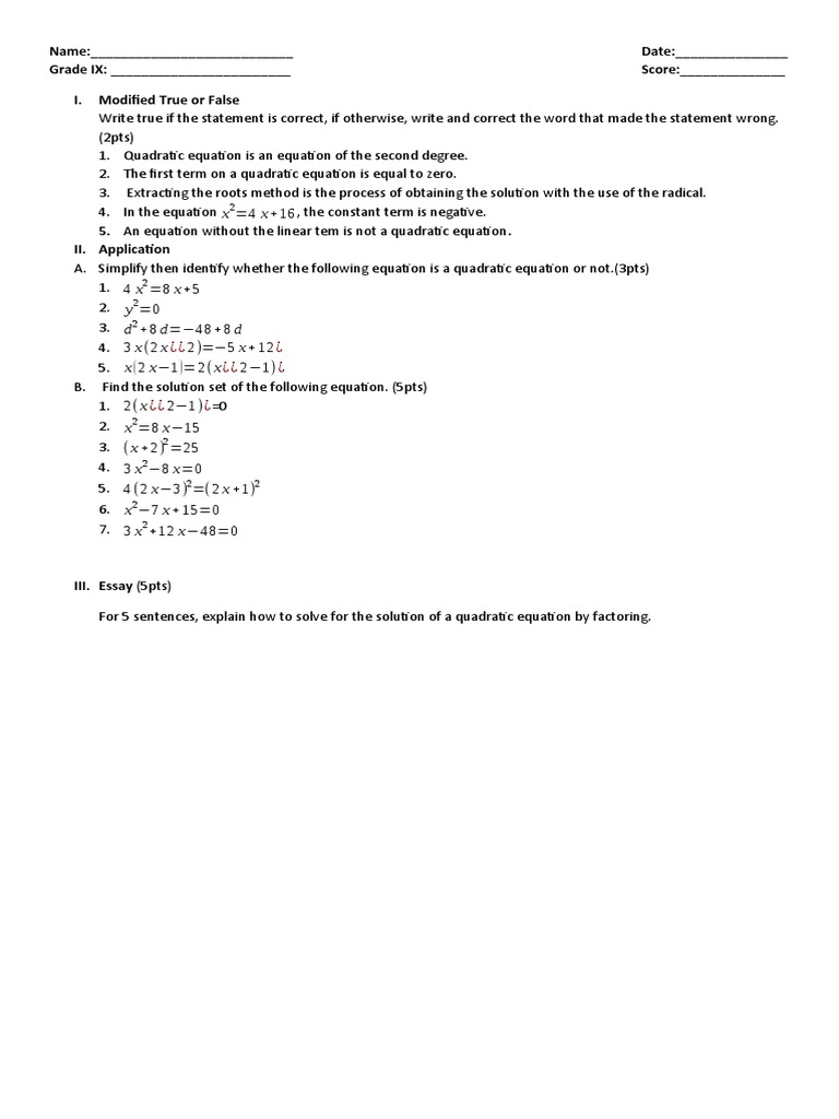 Student Worksheet on Quadratic Equations: Modified True or False ...