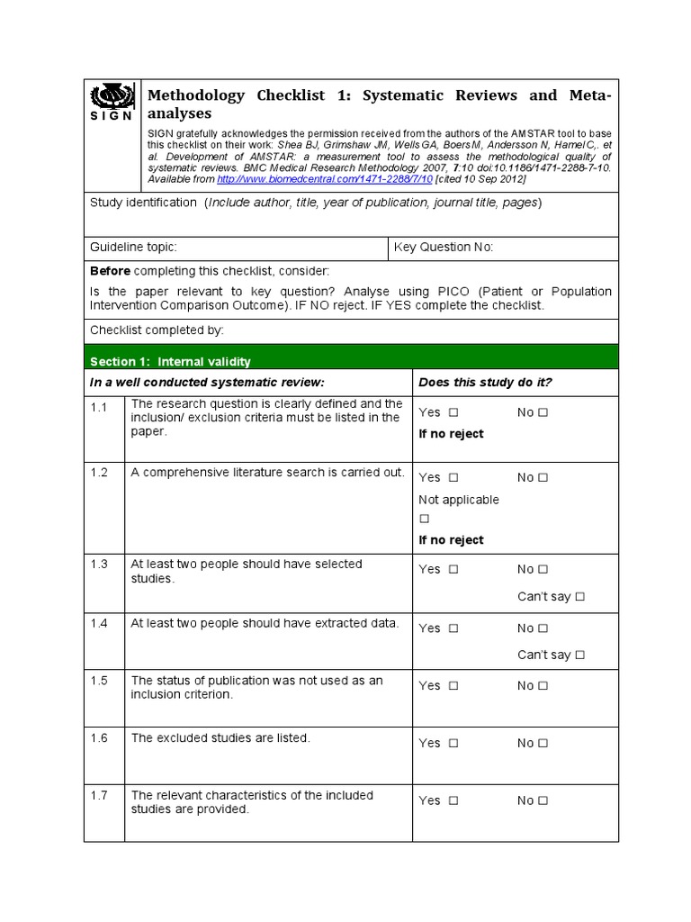 Methodology Checklist 1: Systematic Reviews and Meta-Analyses | PDF ...