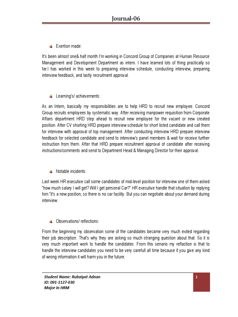 HR Internship Journal Entry | PDF