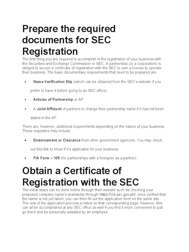 Prepare The Required Documents For SEC Registration | PDF | U.S ...