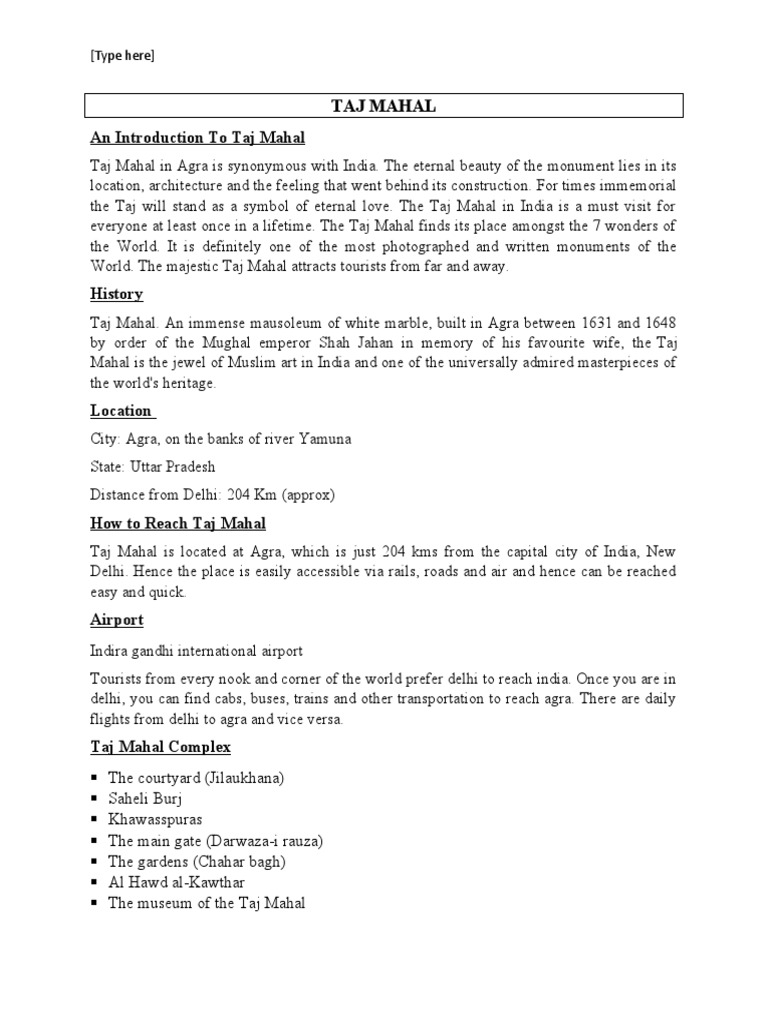 A Comprehensive Overview of the Magnificent Taj Mahal | PDF