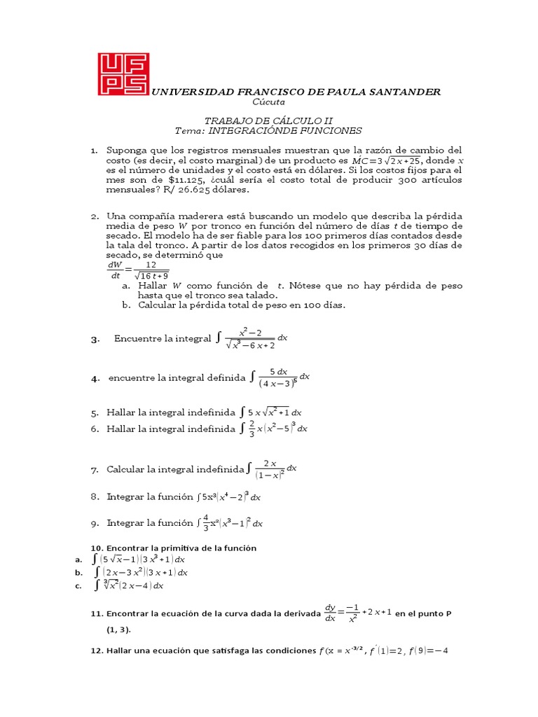 Problemas de Integración Cálculo II | PDF | Integral | Relaciones ...