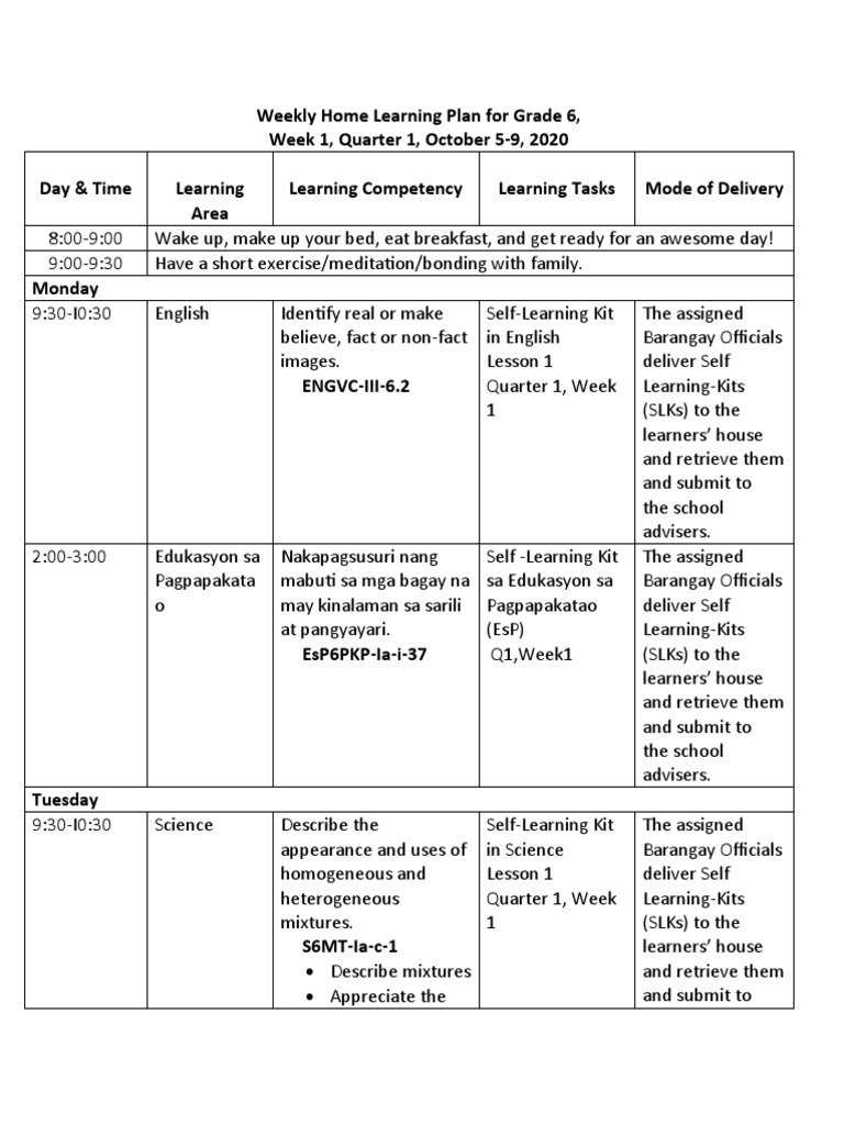 Grade 6 Weekly Home Learning Plan | PDF | Educational Psychology ...