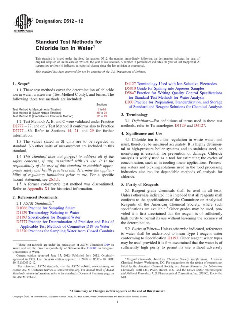 Chloride Ion in Water: Standard Test Methods For | PDF | Titration ...