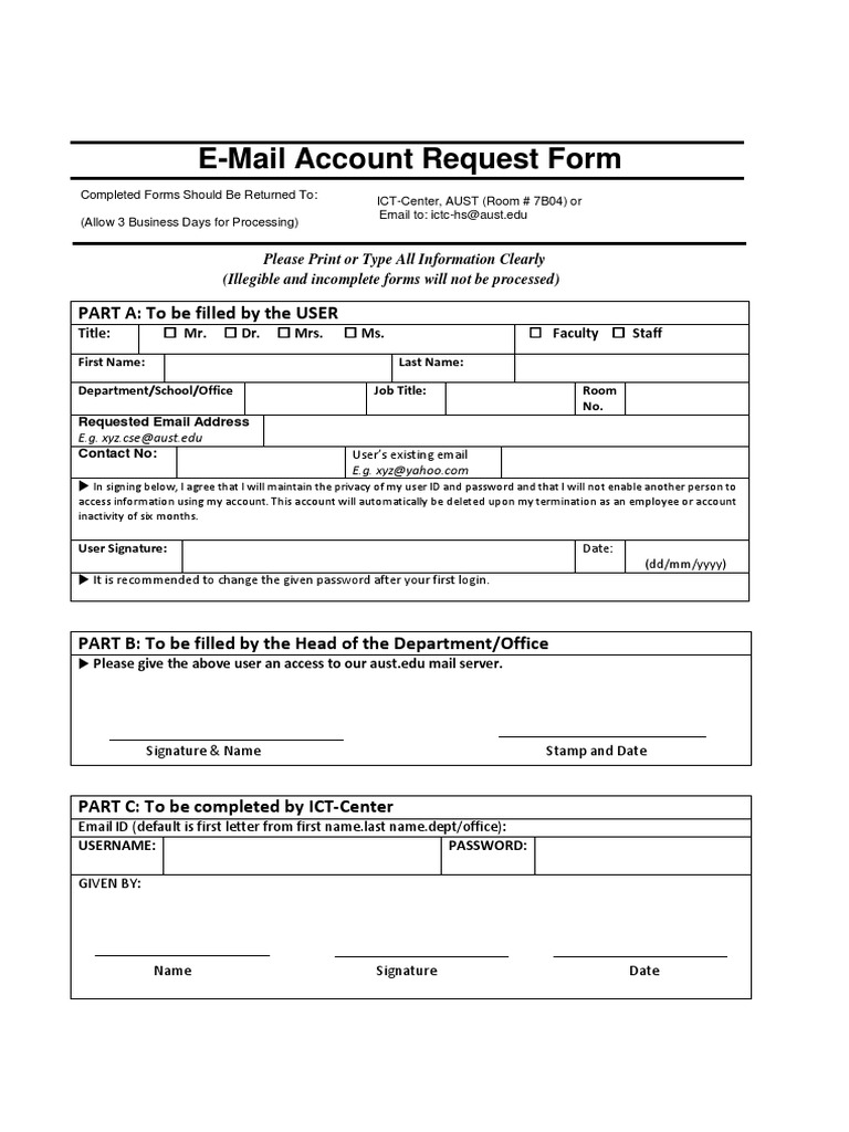 E-Mail Account Request Form: PART A: To Be Filled by The USER | PDF