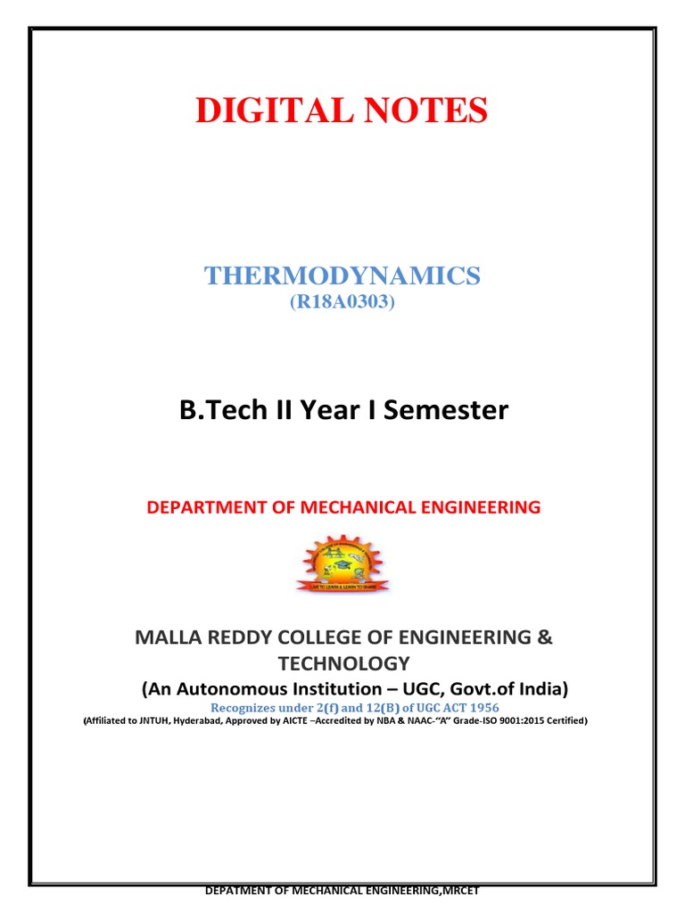 Thermodynamics Notes for Second Year Mechanical Engineering Students ...
