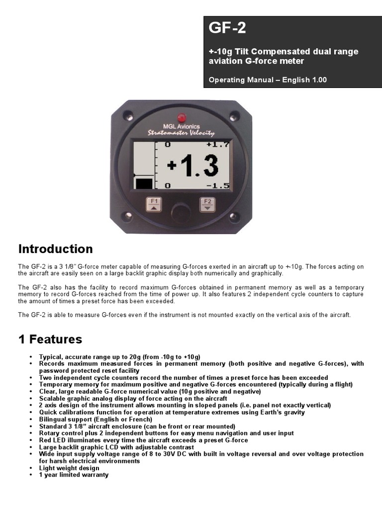 +-10g Tilt Compensated Dual Range Aviation G-Force Meter: Operating ...