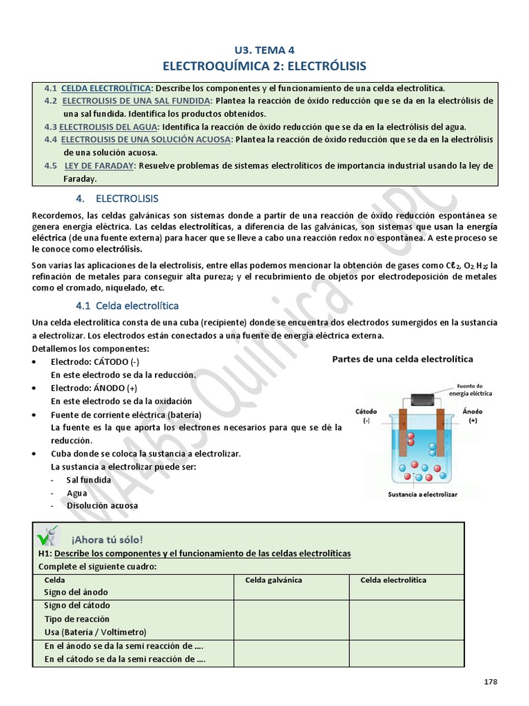 U3 Tema4. Electroquimica 2. Electrolisis PDF | PDF | Electrodo | Redox