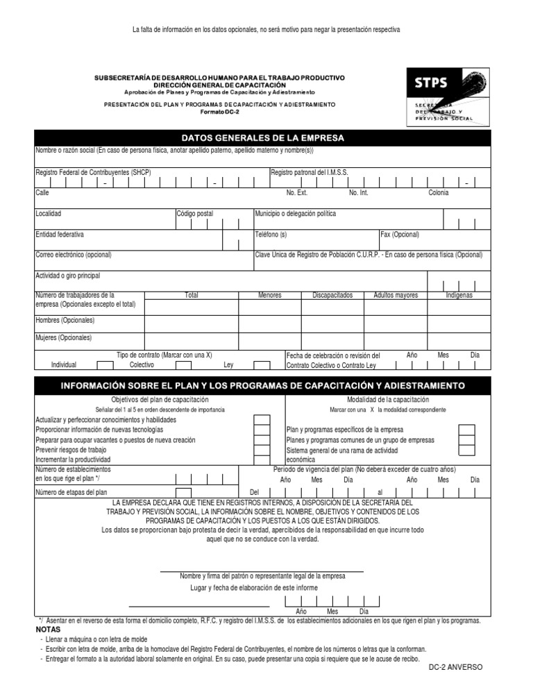 PROGRAMA DE CAPACITACION Y ADIESTRAMIENTO STPS DC-2 Anverso | Business ...