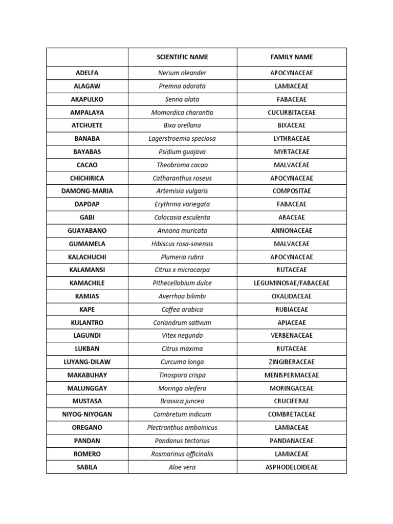 Scientific Name and Family Names | PDF | Medicinal Herbs And Fungi | Plants