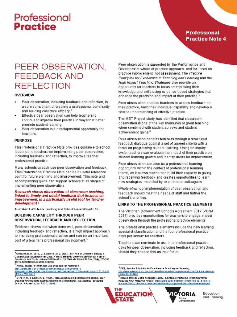 Peer Observation, Feedback and Reflection: Professional Practice Note 4 ...