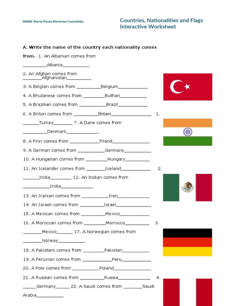 Countries Nationalities and Flags Interactive Worksheet | PDF
