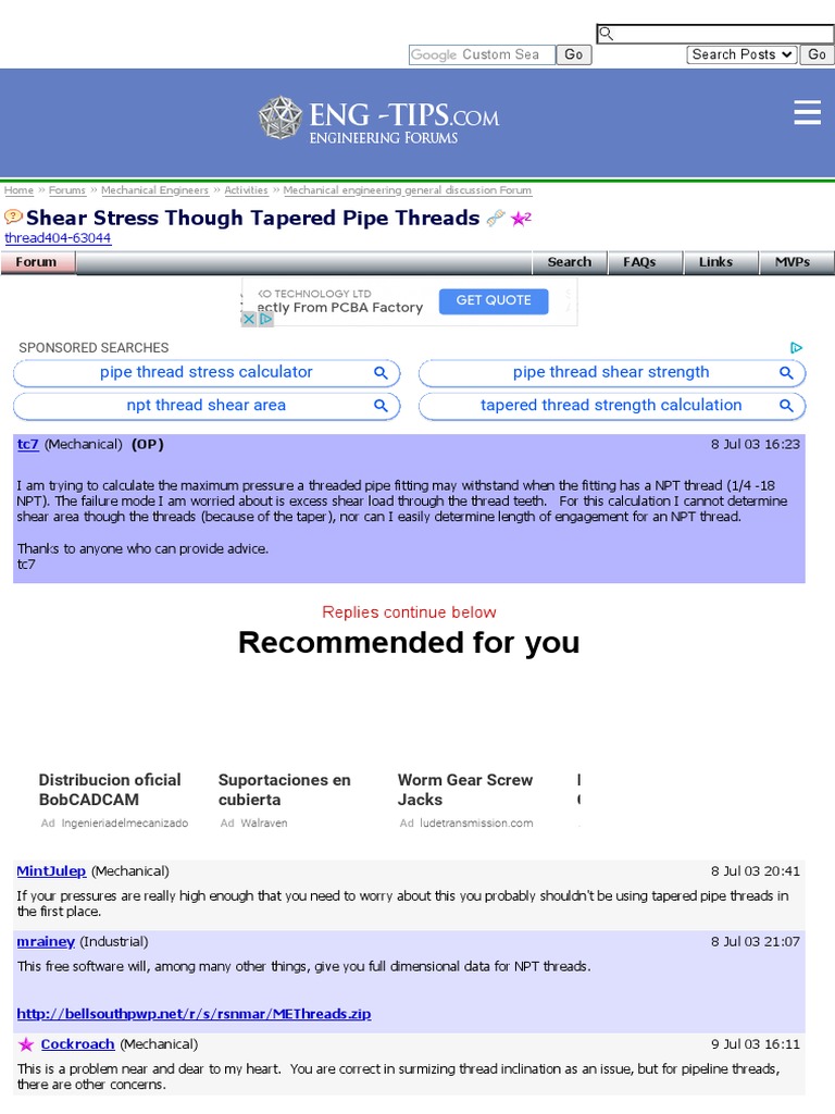 Shear Stress Though Tapered Pipe Thread - Eng-Tips | PDF | Strength Of ...