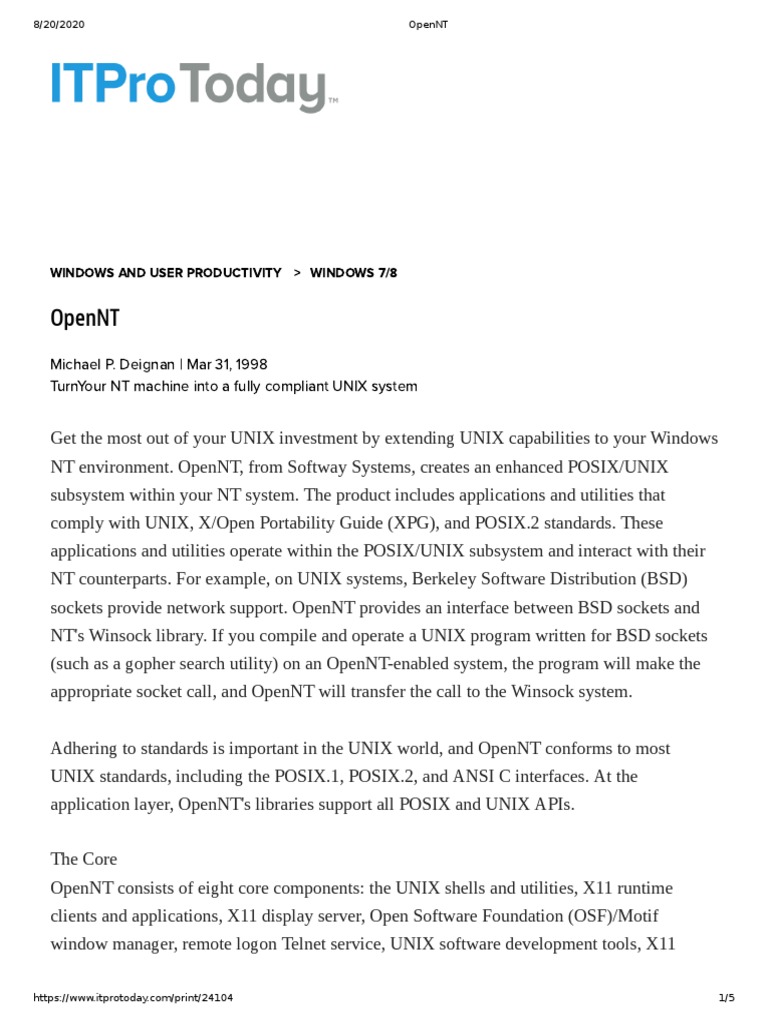 Opennt: Turnyour NT Machine Into A Fully Compliant Unix System Michael P. Deignan Mar 31, 1998 ...