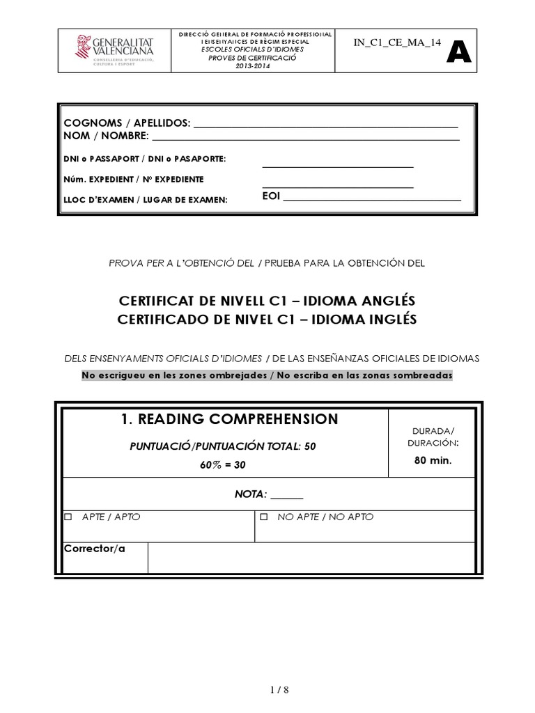 Certificat de Nivell C1 - Idioma Anglés Certificado de Nivel C1 ...