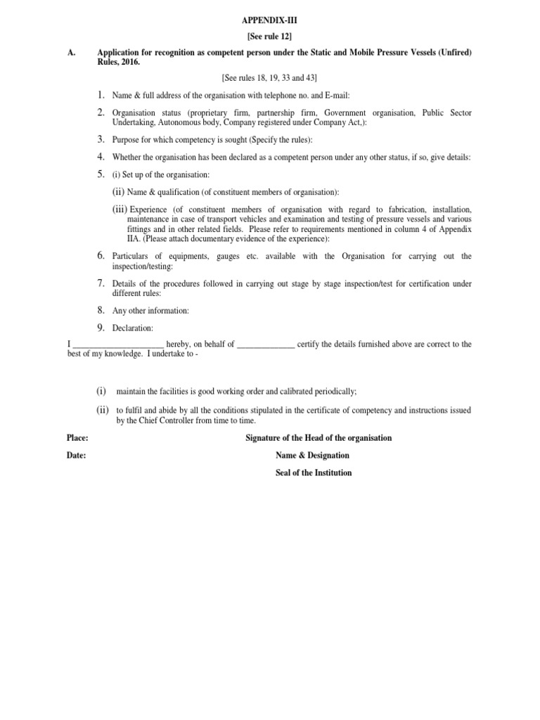 Appendix-Iii (See Rule 12) A. Application For Recognition As Competent ...