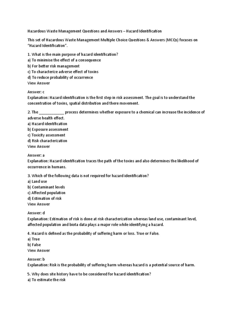 Hazardous Waste Management Questions and Answers | PDF | Hazards | Risk ...