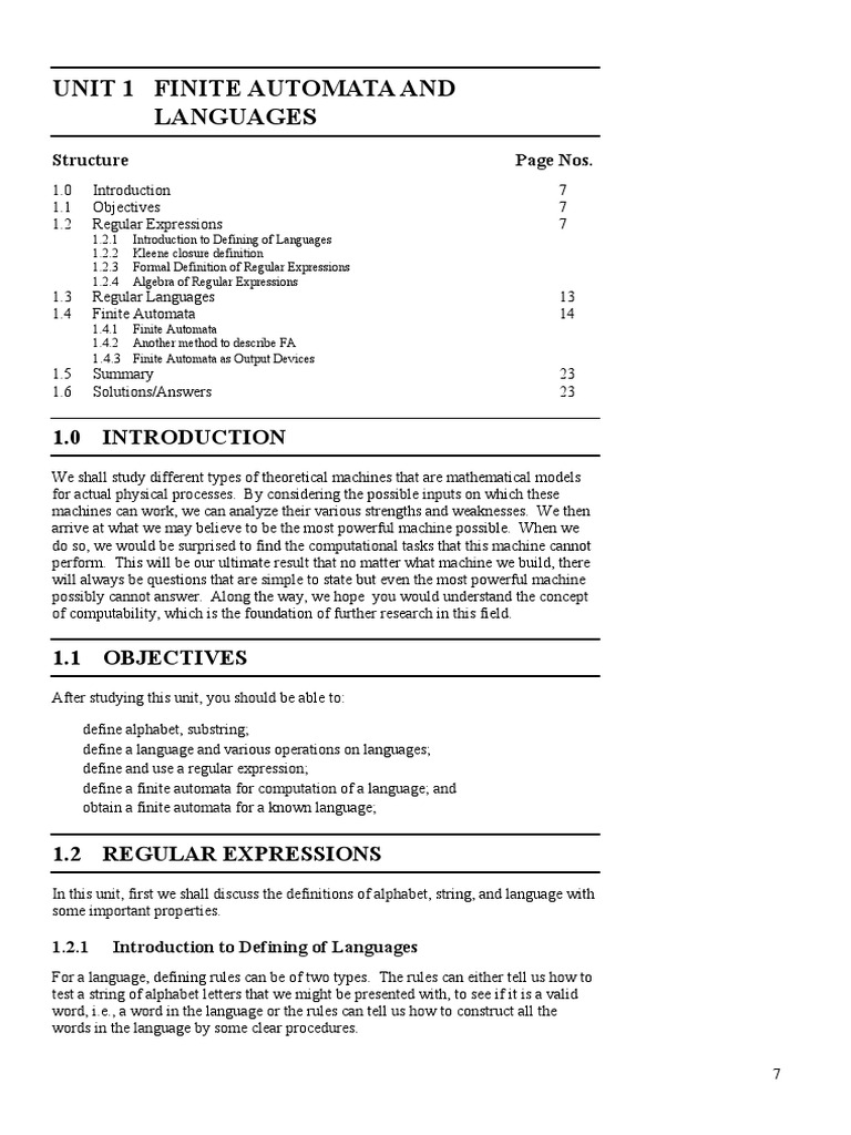 Unit 1 Finite Automata and Languages: Structure Page Nos | PDF | String (Computer Science ...