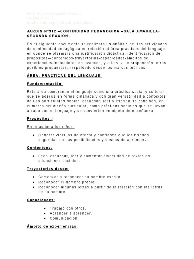 Continuidad pedagógica en el área de prácticas del lenguaje | PDF | Educación de la primera ...