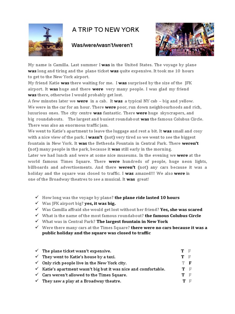 A Trip To New York: Was/were/wasn't/weren't | PDF | New York City ...