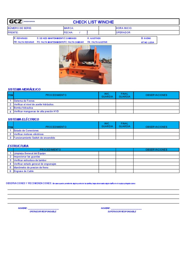 Checklist de Mantenimiento de Winche | PDF