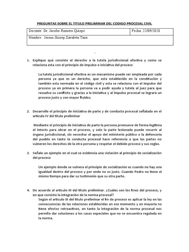 Preguntas Sobre El Titulo Preliminar Del Codigo Procesal Civil | PDF | Ley procesal | Jurisdicción