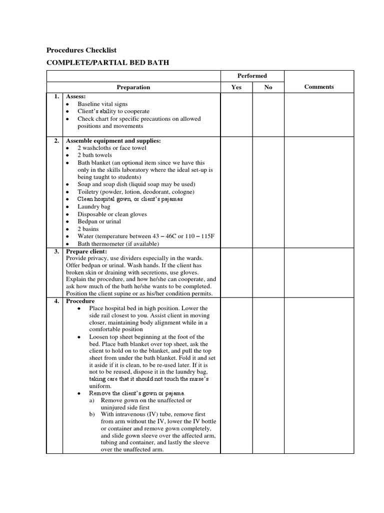 Procedures Checklist Complete/Partial Bed Bath: Performed Comments ...