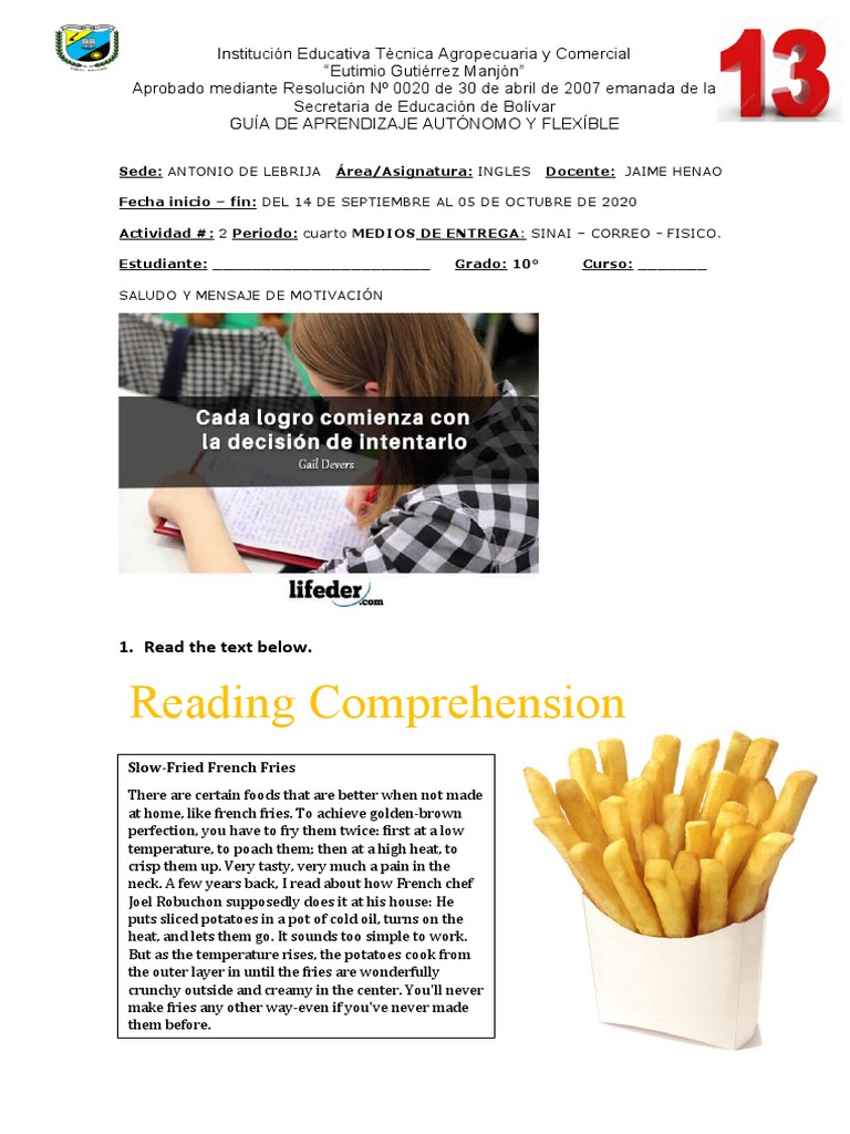 Reading Comprehension: 1. Read The Text Below | PDF | French Fries ...