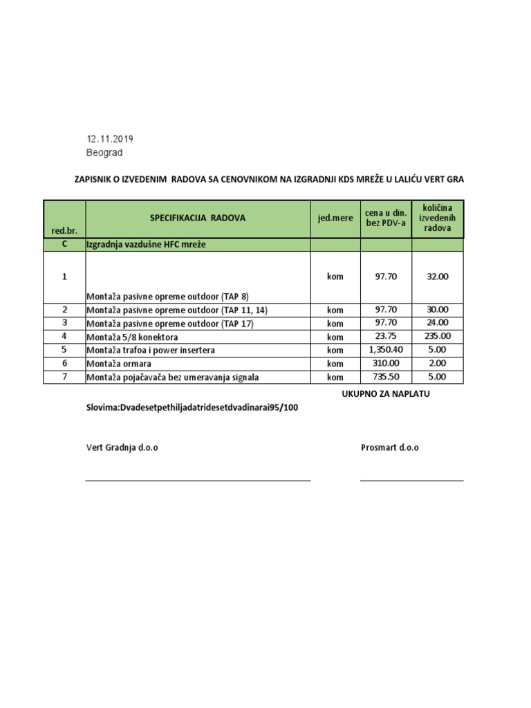 Zapisnik o Izvedenim Radovima Vert U Laliću | PDF