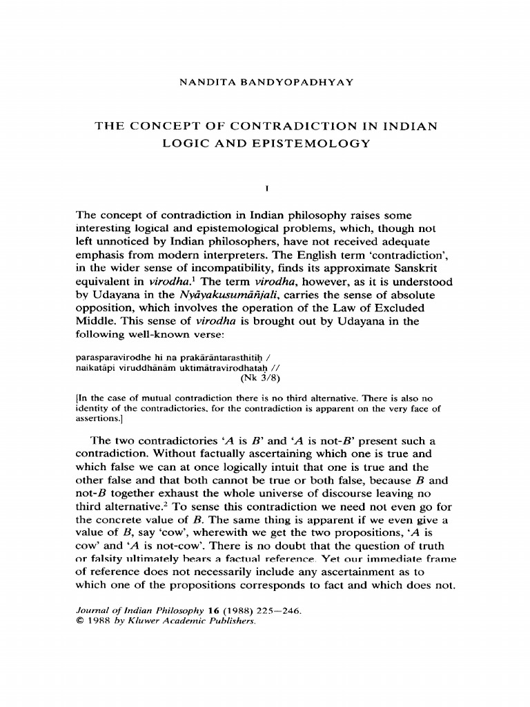 The Concept of Contradiction in Indian Logic and Epistemology PDF | PDF ...